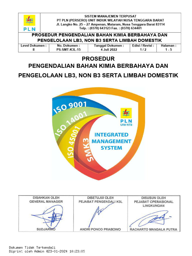 PS-SMT-K3L-15 - PROSEDUR PENGELOLAAN BKB-LB3-NON B3 & LIMBAH DOMESTIK - REV - 1 - Admin | PDF