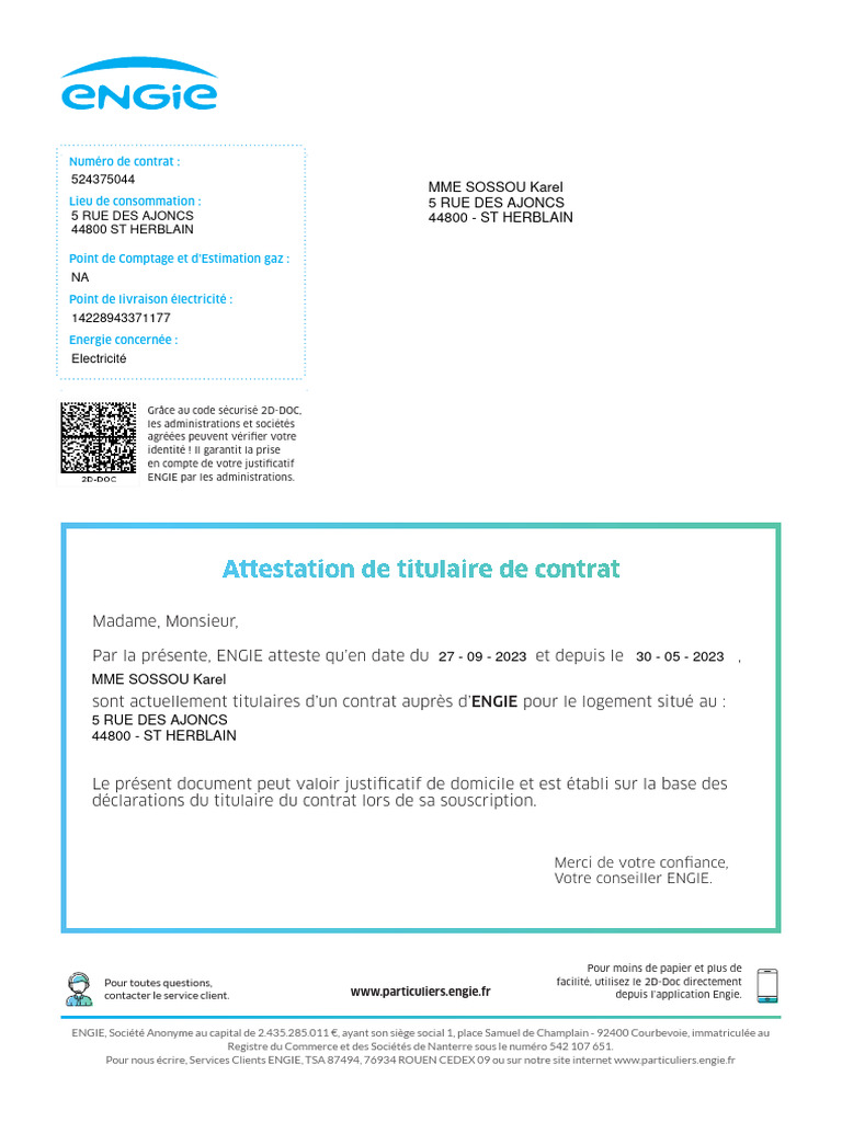 Attestation de Titulaire de Contrat: Mme Sossou Karel 5 Rue Des Ajoncs ...