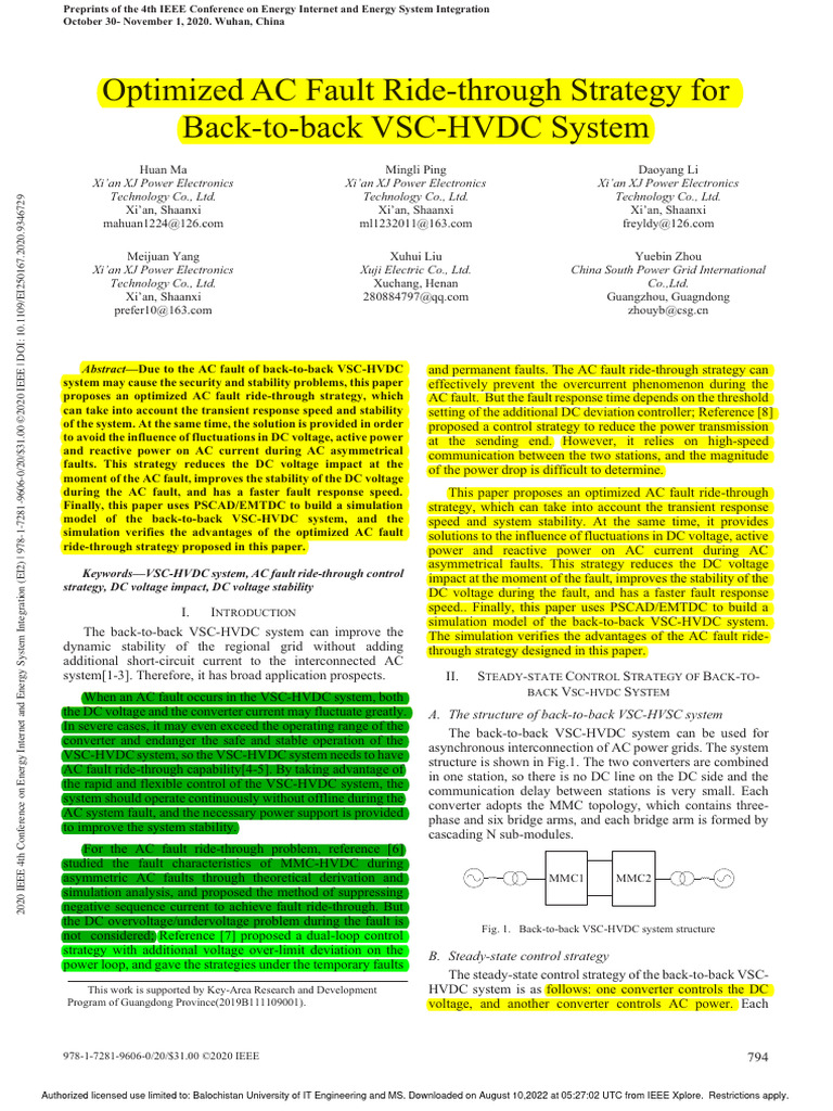 Optimized AC Fault Ride-Through Strategy For Back-To-Back VSC-HVDC System | PDF | Electrical ...