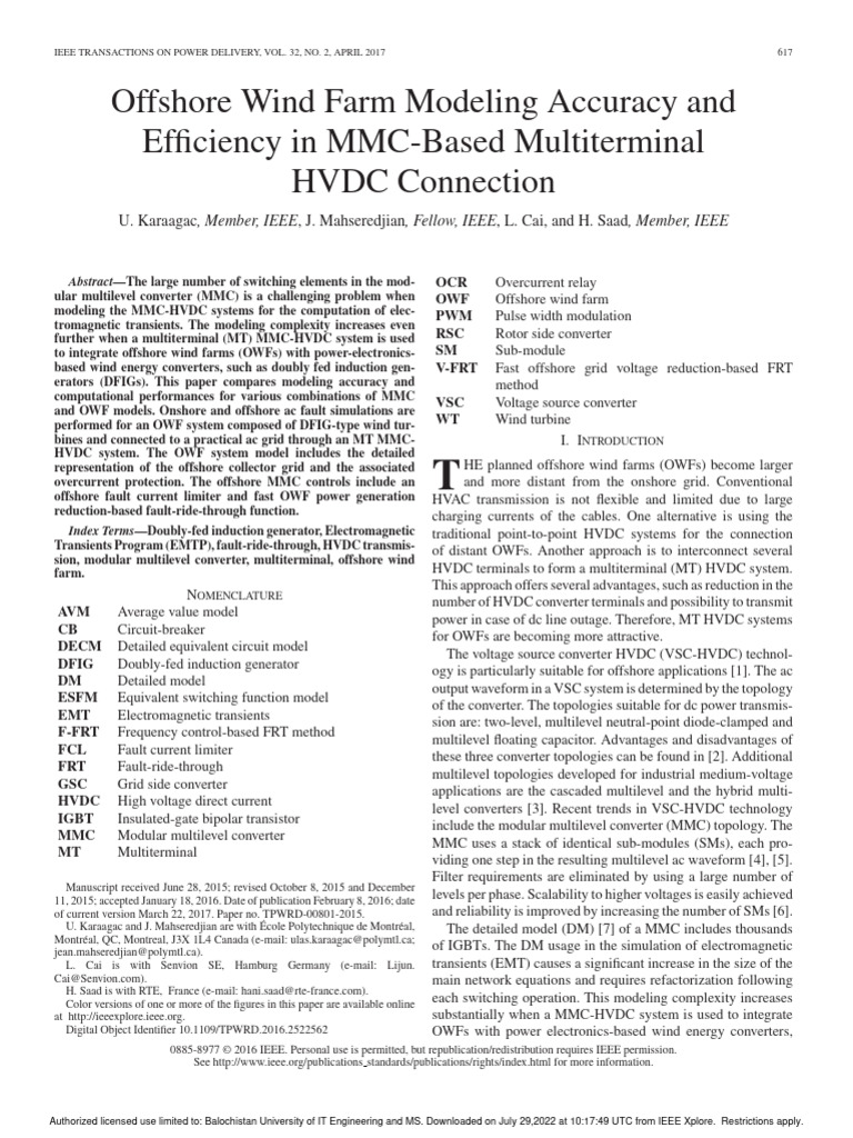 Offshore Wind Farm Modeling Accuracy And Efficiency In Mmc Based Multiterminal Hvdc Connection