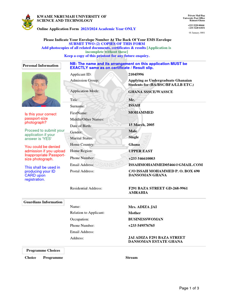 Knust Online Admissions-Applicant Id - 21045996 | PDF | University And ...
