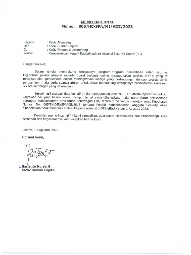 Memo Internal Potongan Ketidakhadiran (TK) | PDF