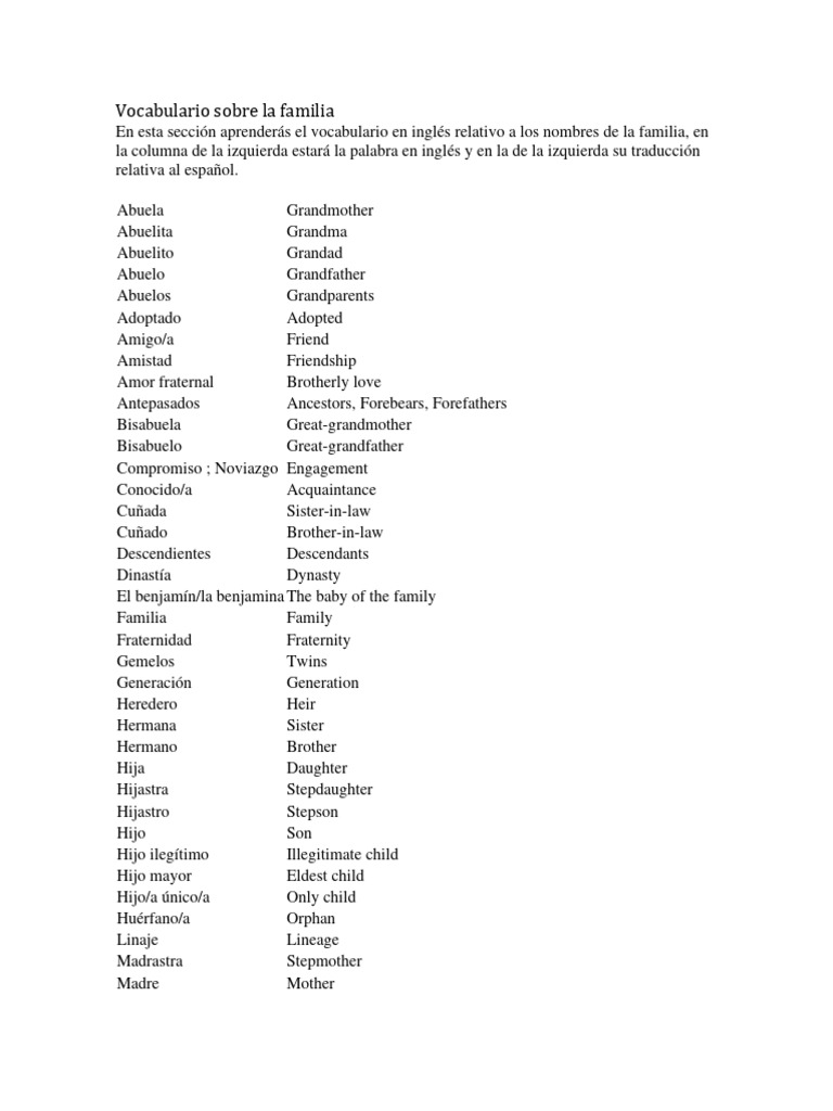 Vocabulario Sobre La Familia | PDF