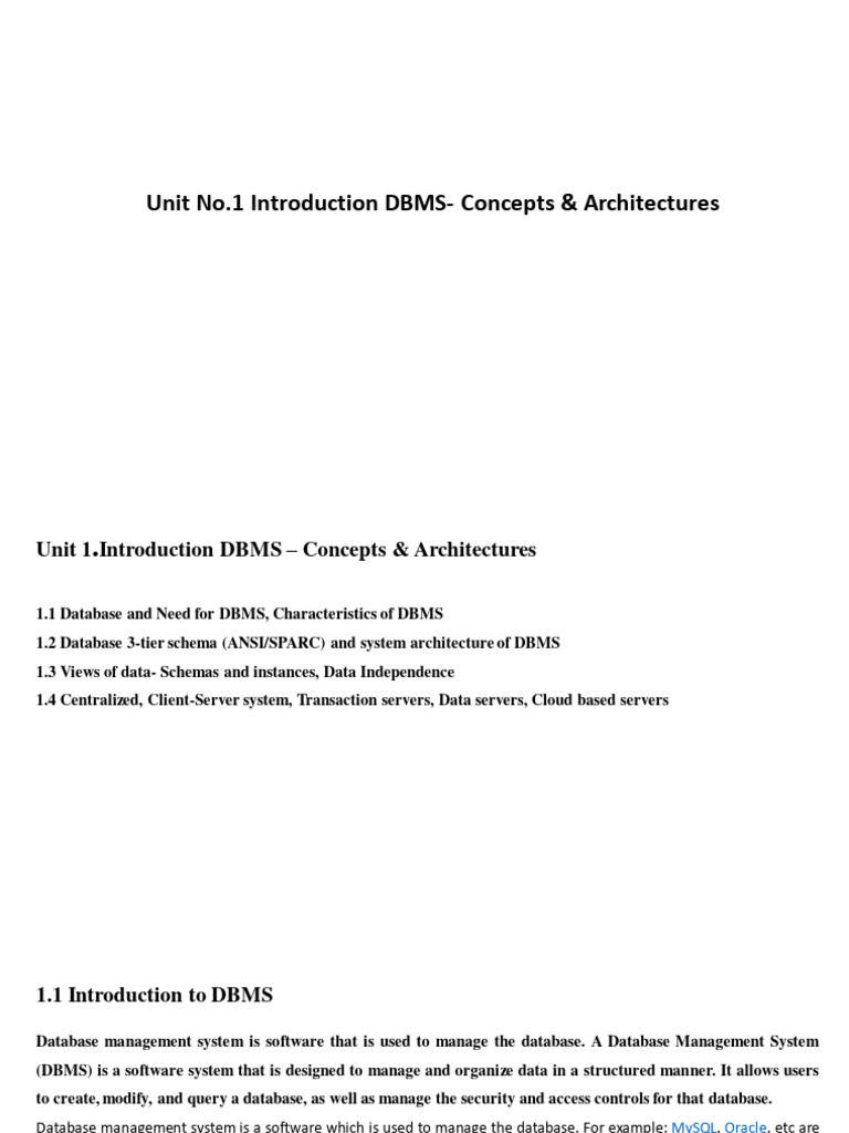 Unit No.1 Introduction DBMS - Concepts & Architectures | PDF | Databases | Client–Server Model