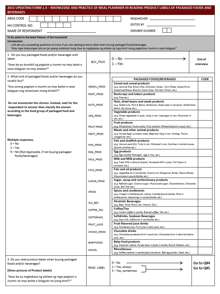 HOUSEHOLD NUTRION FORM 1.4. and CONSUMPTION FOOD FORM 5.4 | PDF ...