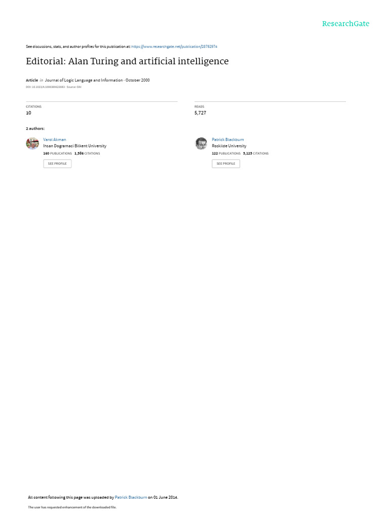 Editorial Alan Turing and Artificial Intelligence | PDF | Artificial ...