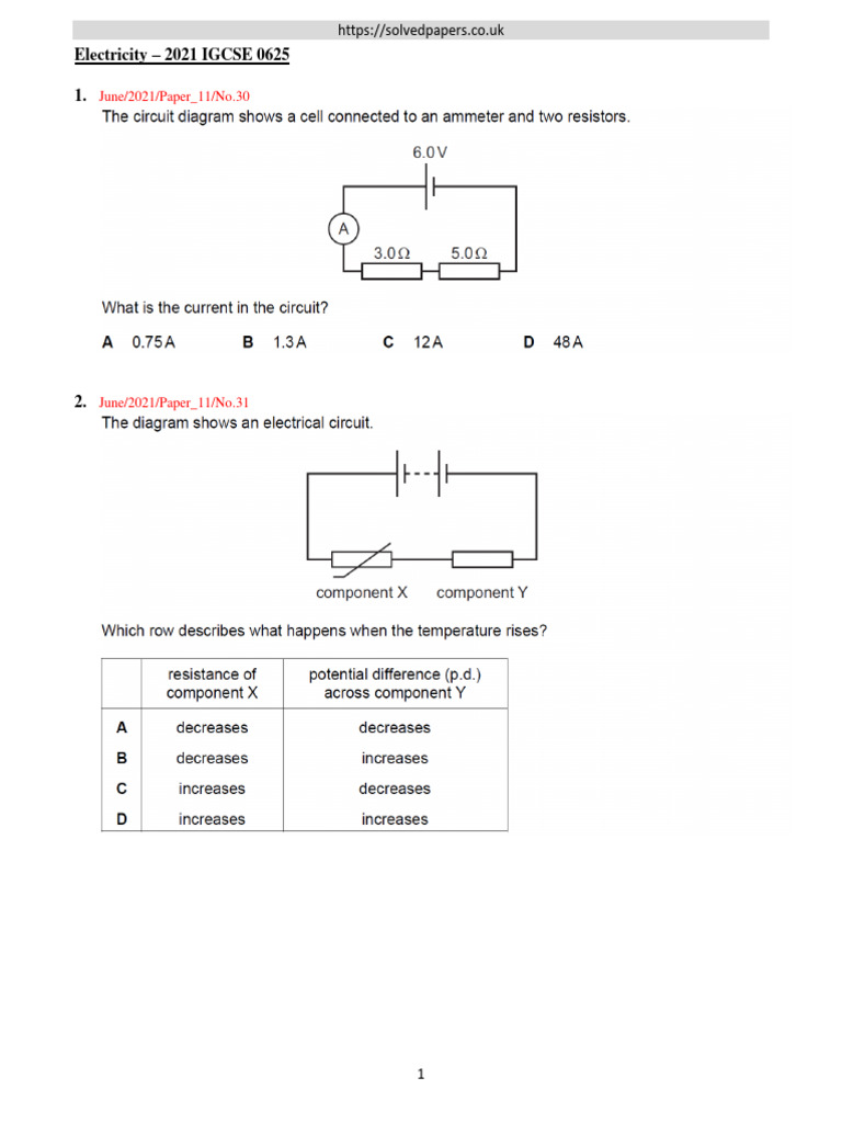 IGCSE 2021 Electricity Past Papers | PDF
