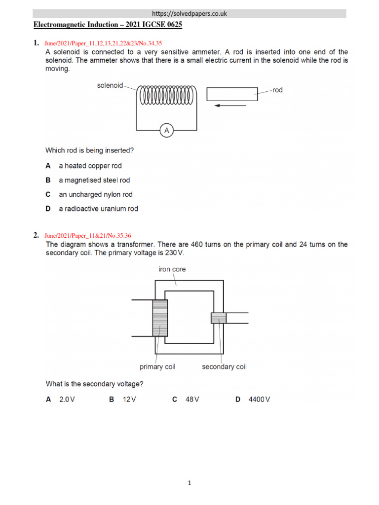 IGCSE 2021 Electromagnetic Induction Papers | PDF