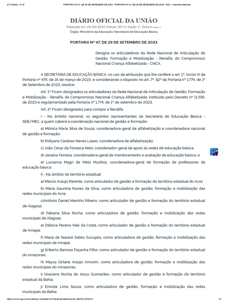 Designação de Articuladores Renalfa 2023 | PDF | Brasil