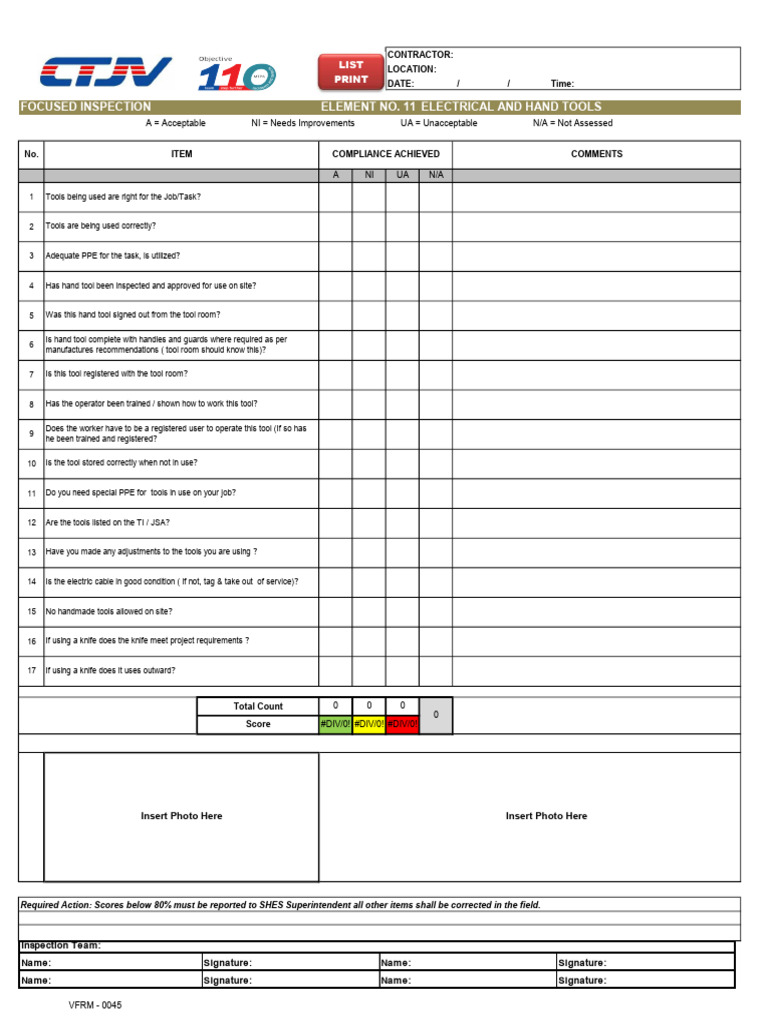 Hand Tool Inspection Checklist | PDF