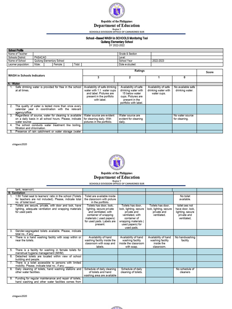WInS Checklist School Based 2023 | PDF | Wash | Hand Washing