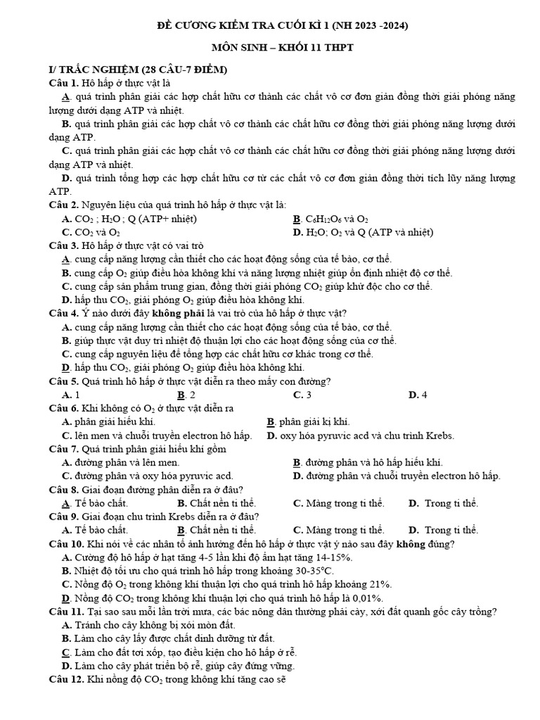 De Cuong KTCK - Sinh 11 - GV | PDF