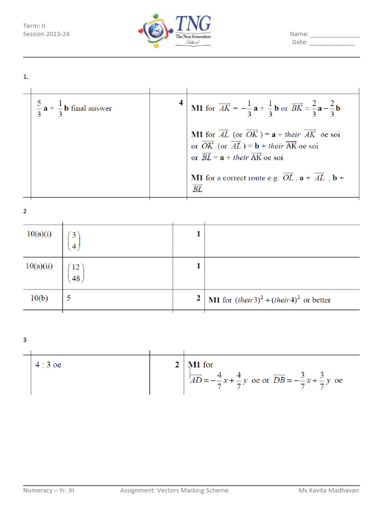 Vectors Past Papers - Marking Scheme | PDF