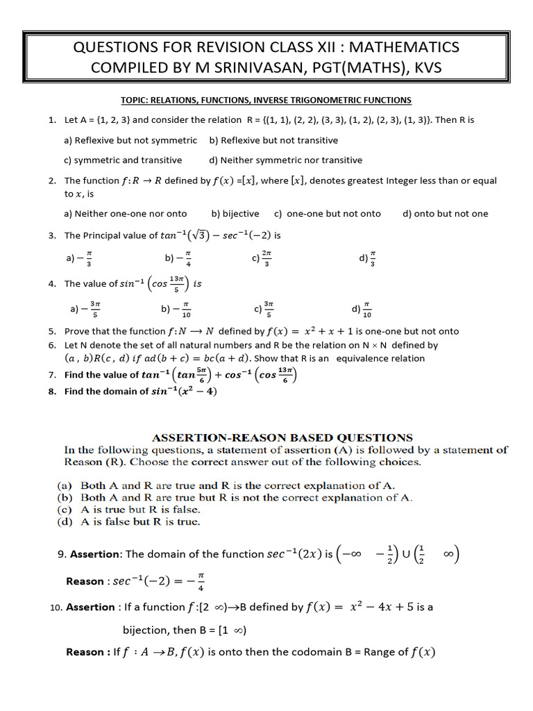 Class XII Mathematics Revision Questions | PDF | Function (Mathematics ...