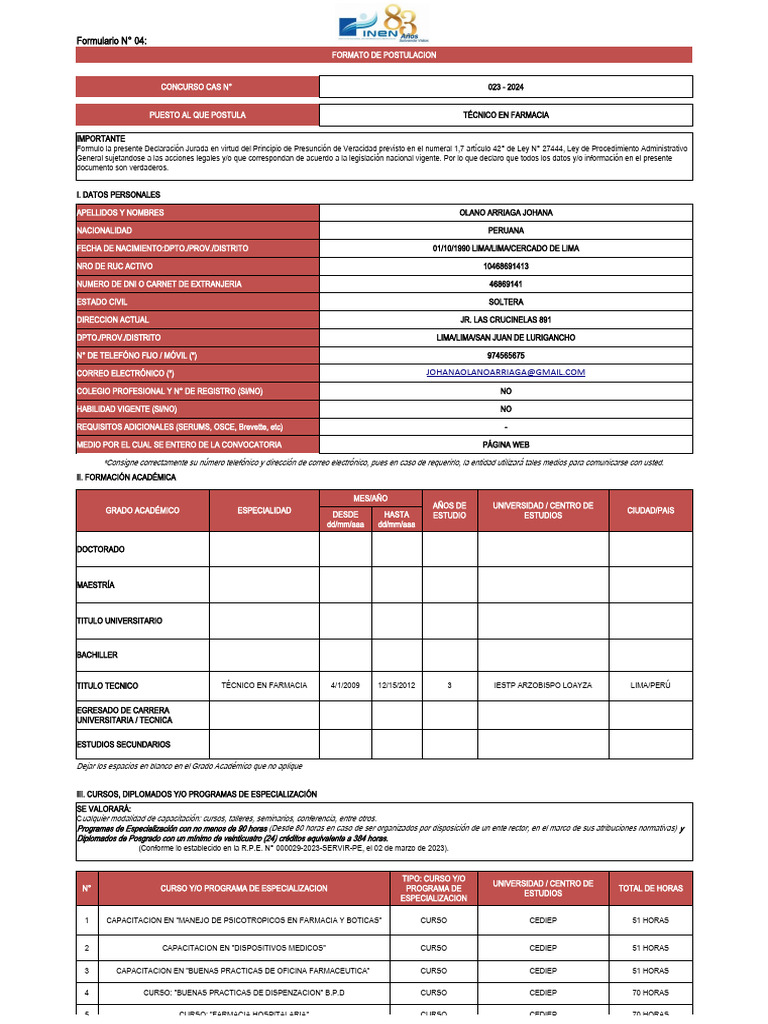Formulario 4 Formato de Postulacion | PDF | Farmacia | Ciencias ...