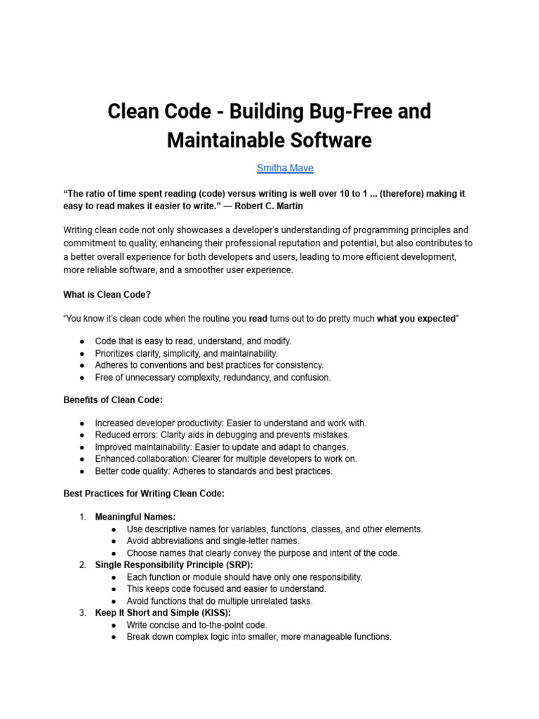 Clean Code - Building Bug-Free and Maintainable Software | PDF
