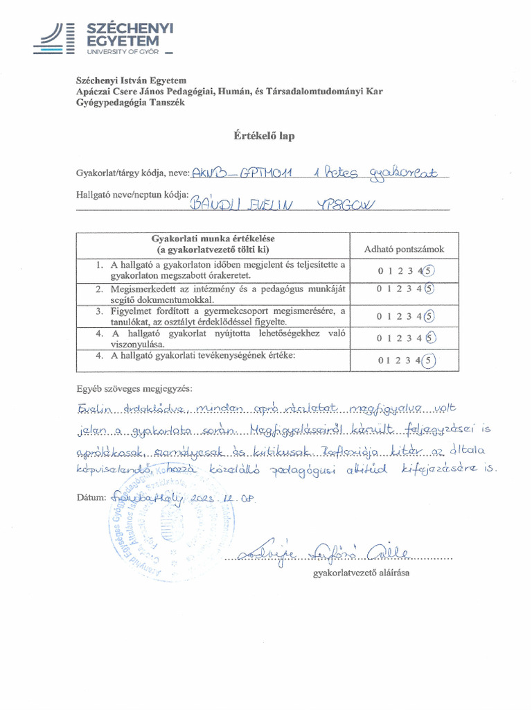 Bándli Evelin Értékelő Lap | PDF