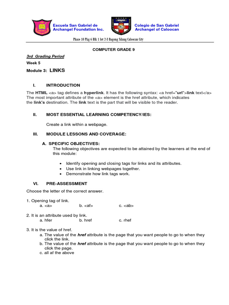 3rd COMP 9 MODULE 3 - Week 5 | PDF | Hyperlink | Html Element