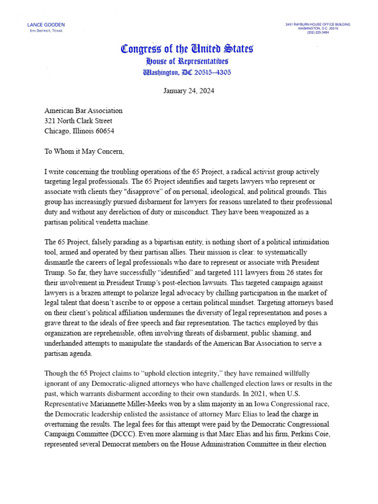 Rep. Gooden letter to ABA re: Project 65 | PDF | United States Congress ...