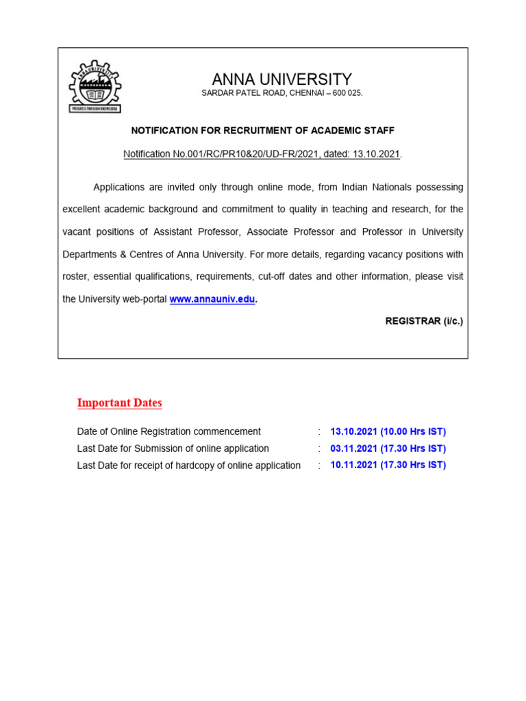 Anna University Faculty Recruitment 2021 | PDF