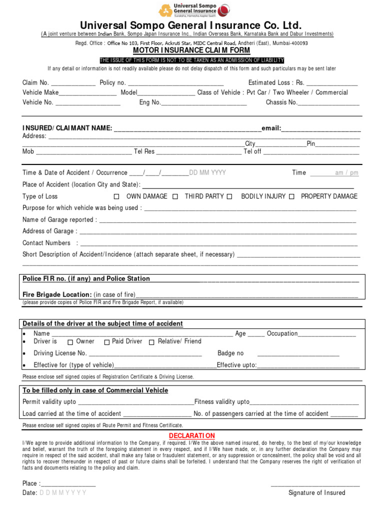 Motor Claim Form | PDF