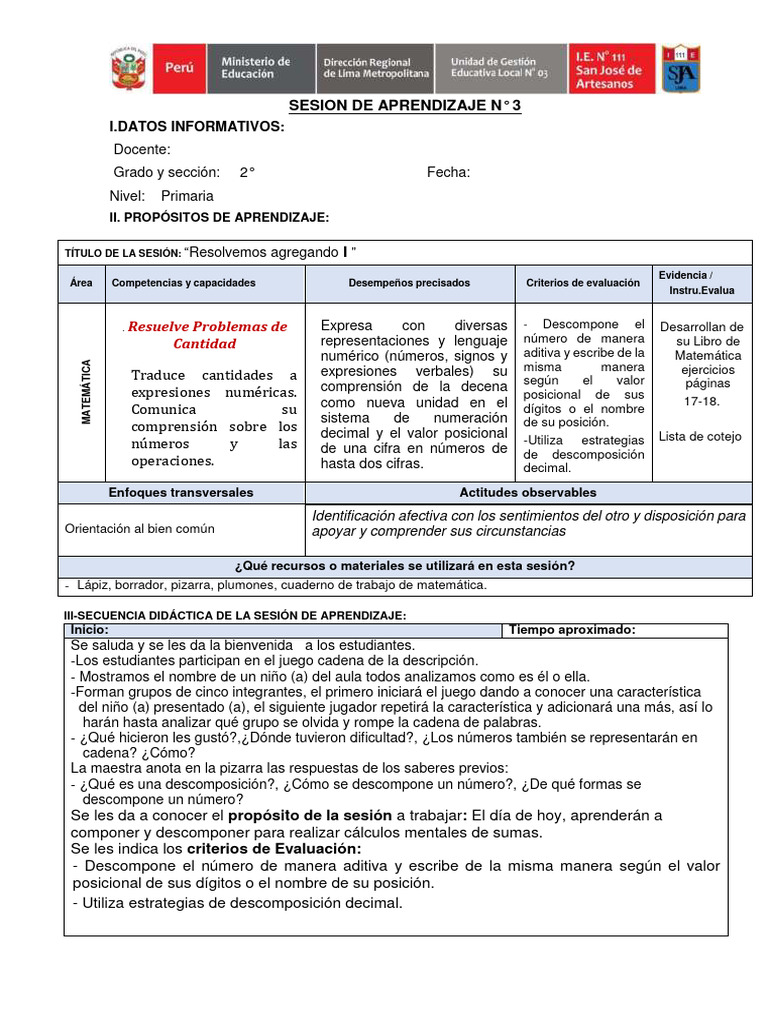 Sesion de Aprendizaje de Matematica 2do Primaria Ccesa007 | PDF | Aprendizaje | Evaluación