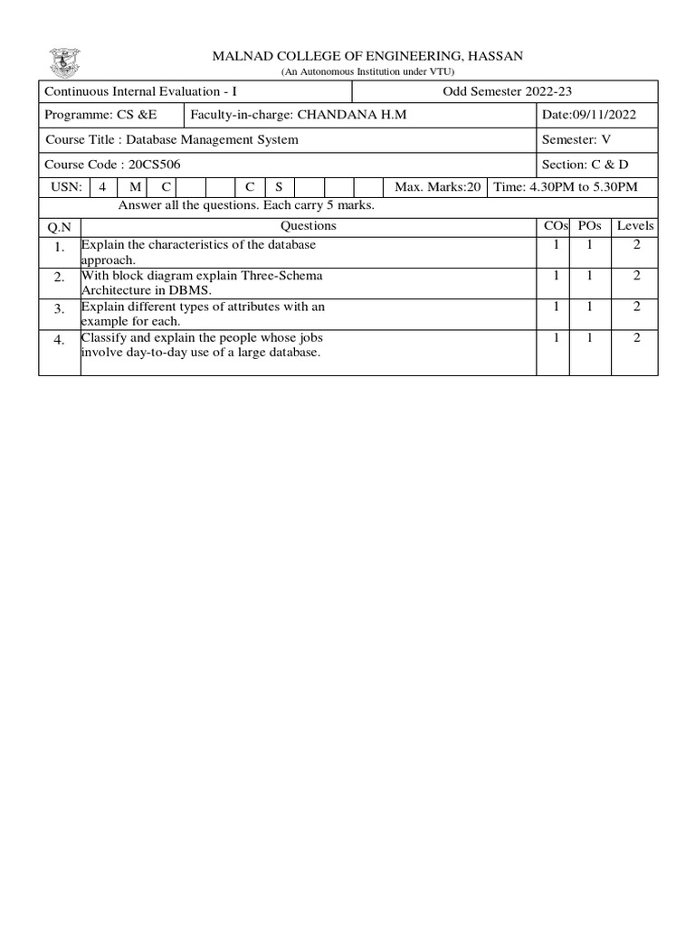 20cs506 Dbms Cie 1 | PDF
