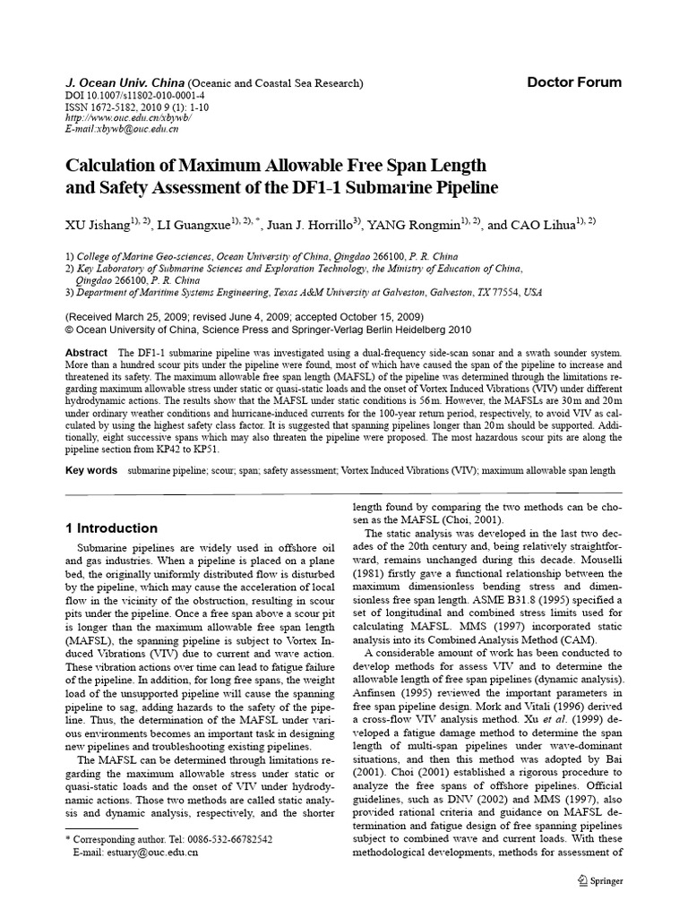 Calculation of Maximum Allowable Free Span Length and Safety Assessment of The DF1-1 Submarine ...