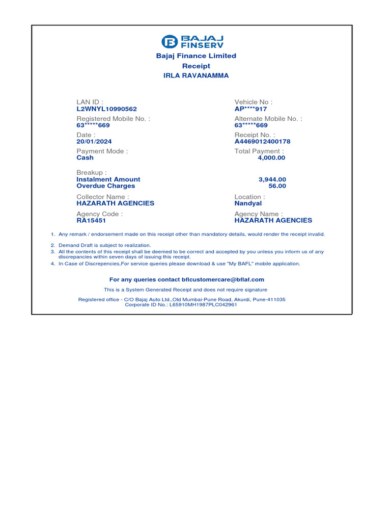 Bajaj Finance Payment Receipt | PDF