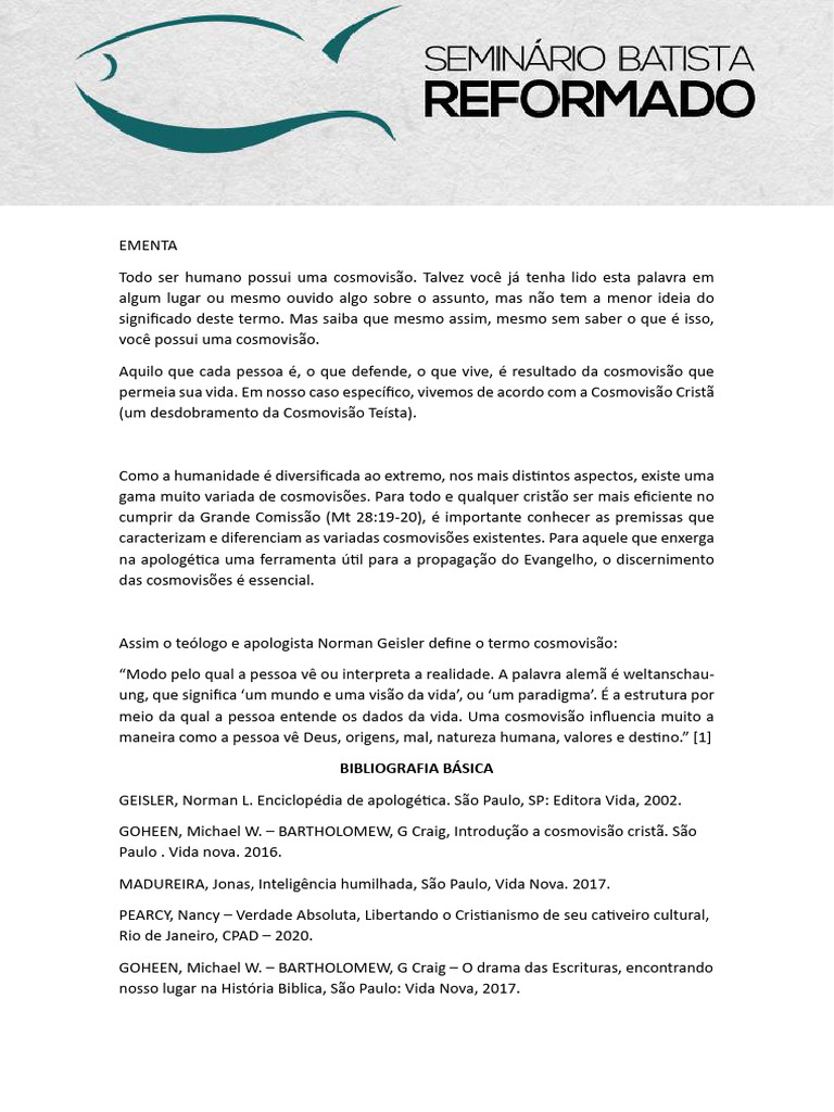Ementa Cosmovisão Cristã - SBR | PDF