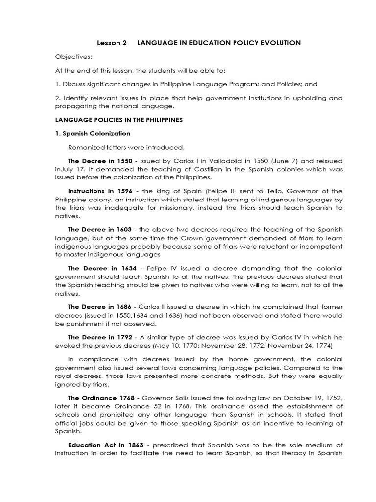 Lesson 2 LANGUAGE IN EDUCATION POLICY EVOLUTION | PDF | Spanish Empire | First Language