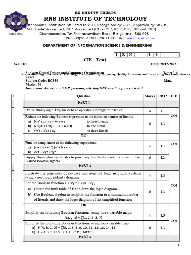 ISE Dept. Question Paper Format 2023 | PDF