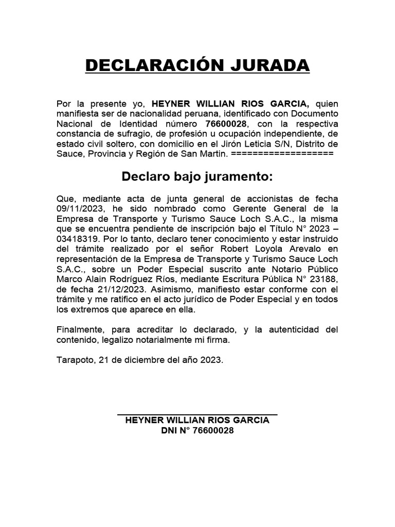 Declaración Jurada de CONOCIMIENTO - SR ROBERT | PDF | Finanzas y dinero