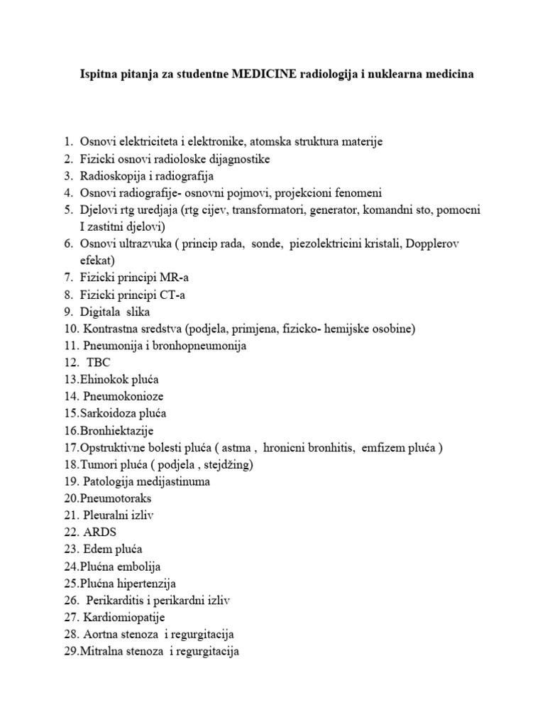 Ispitna Pitanja Radiologija I Nuklearna Medicina | PDF