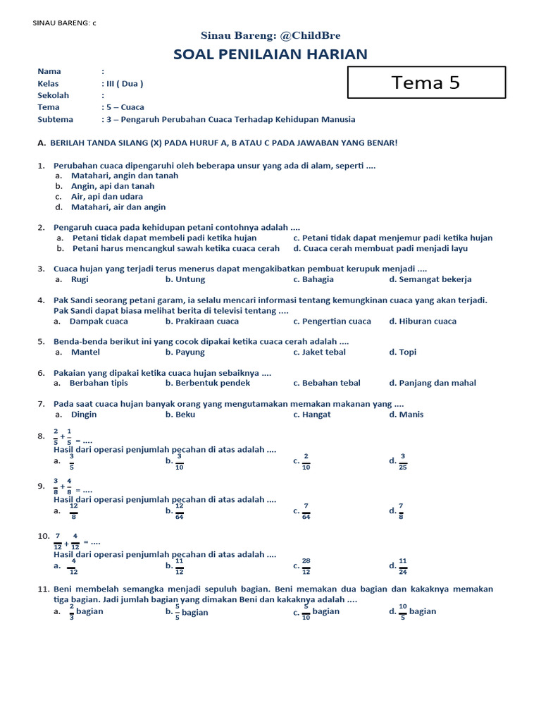 Soal Tematik Kelas 3 SD Tema 5 Cuaca Subtema 3 Pengaruh Perubahan Cuaca Terhada Kehidupan ...