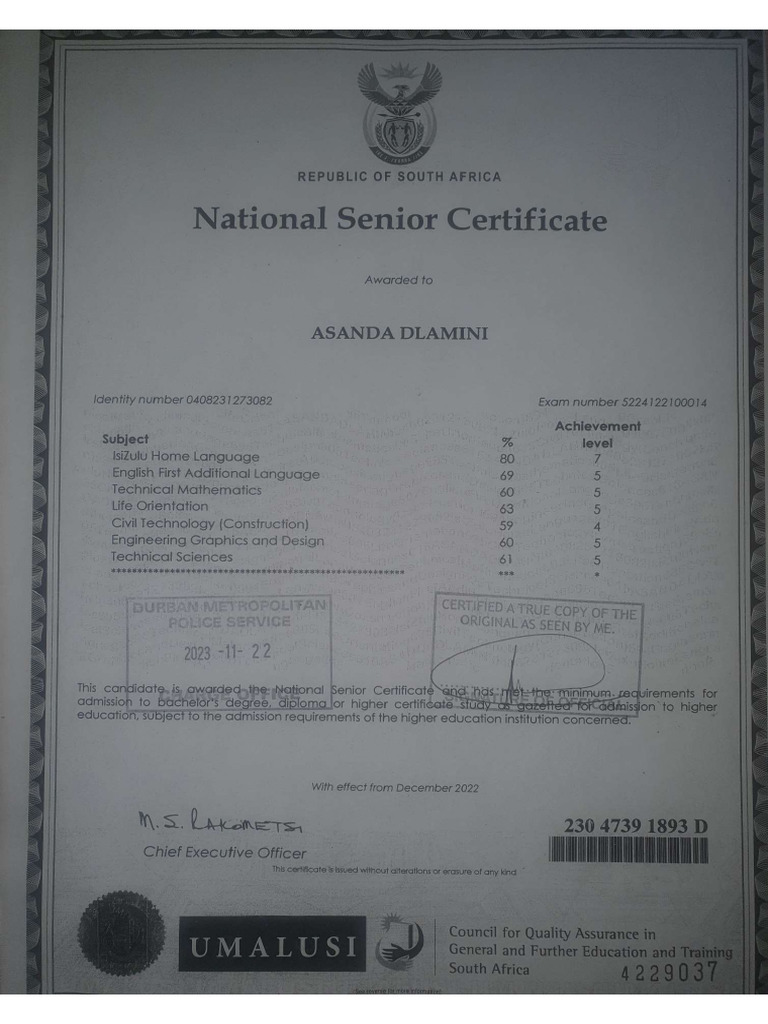 Asanda's Certified Matric Certificate | PDF