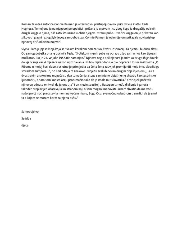 Roman Ti Kažeš Autorice Connie Palmen Je Alternativni Pristup Ljubavnoj Priči Sylvije Plath I ...