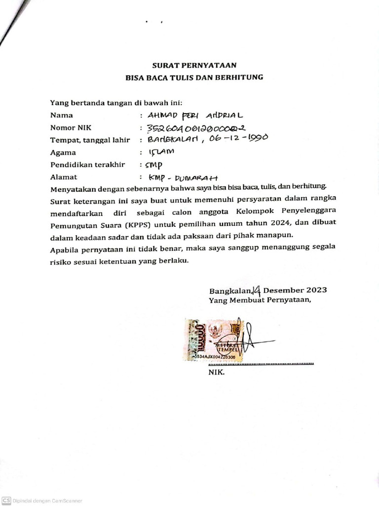 Surat Pernyataan Baca Tulis | PDF