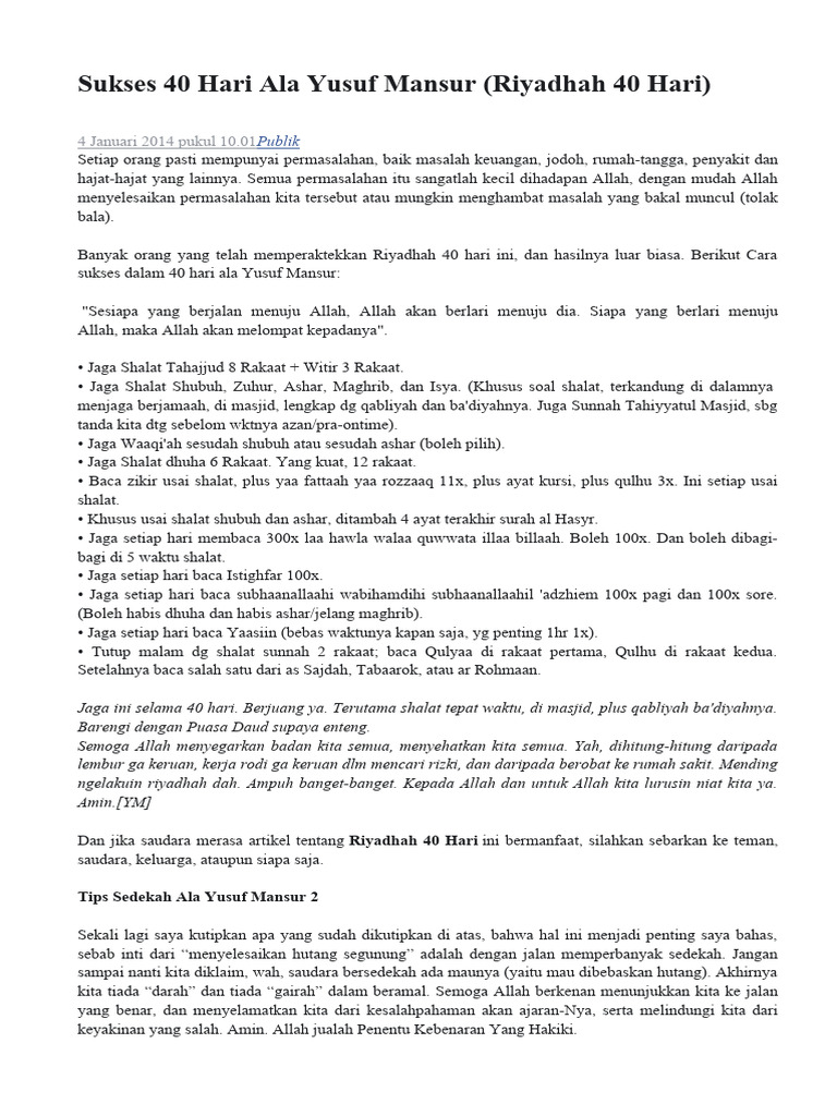 Sukses 40 Hari Ala Yusuf Mansur | PDF