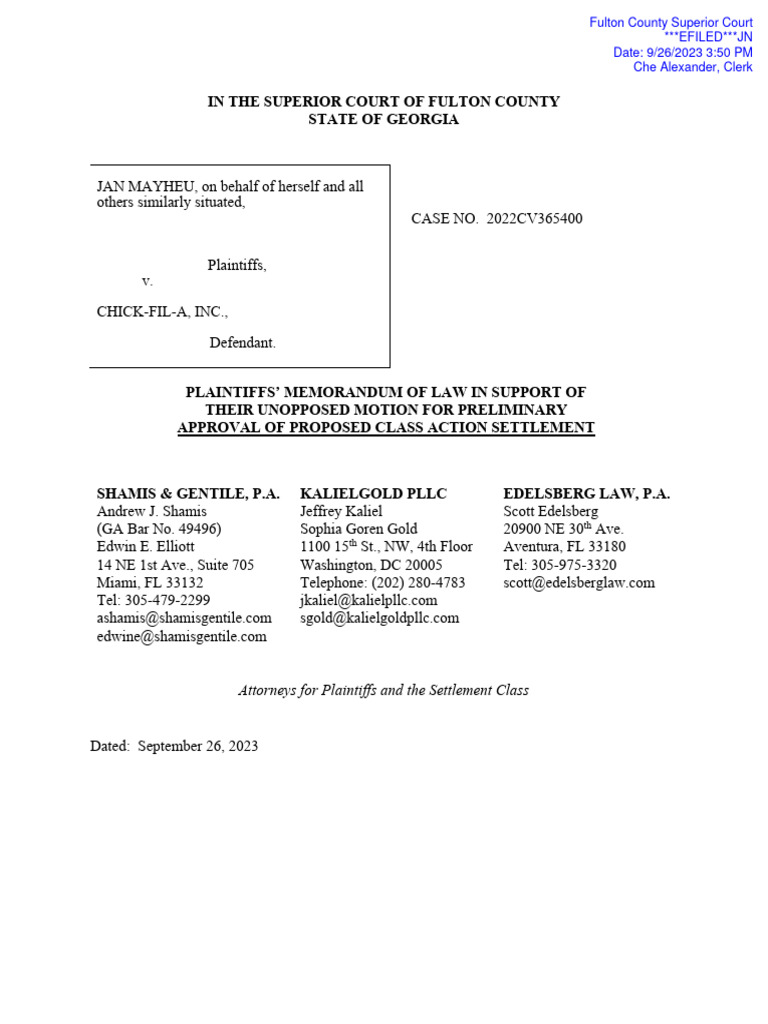 Mayheu V Chick Fil A Inc Memo In Support Settlement Pdf Lawsuit