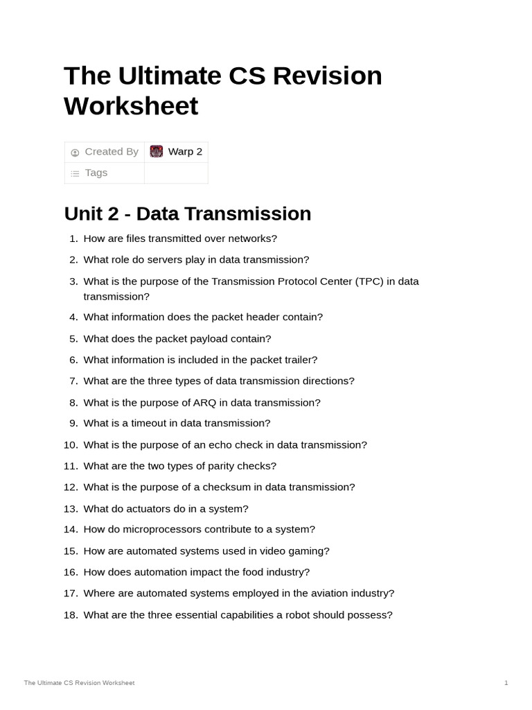 The Ultimate CS Revision Worksheet | PDF | Network Packet | Data Compression