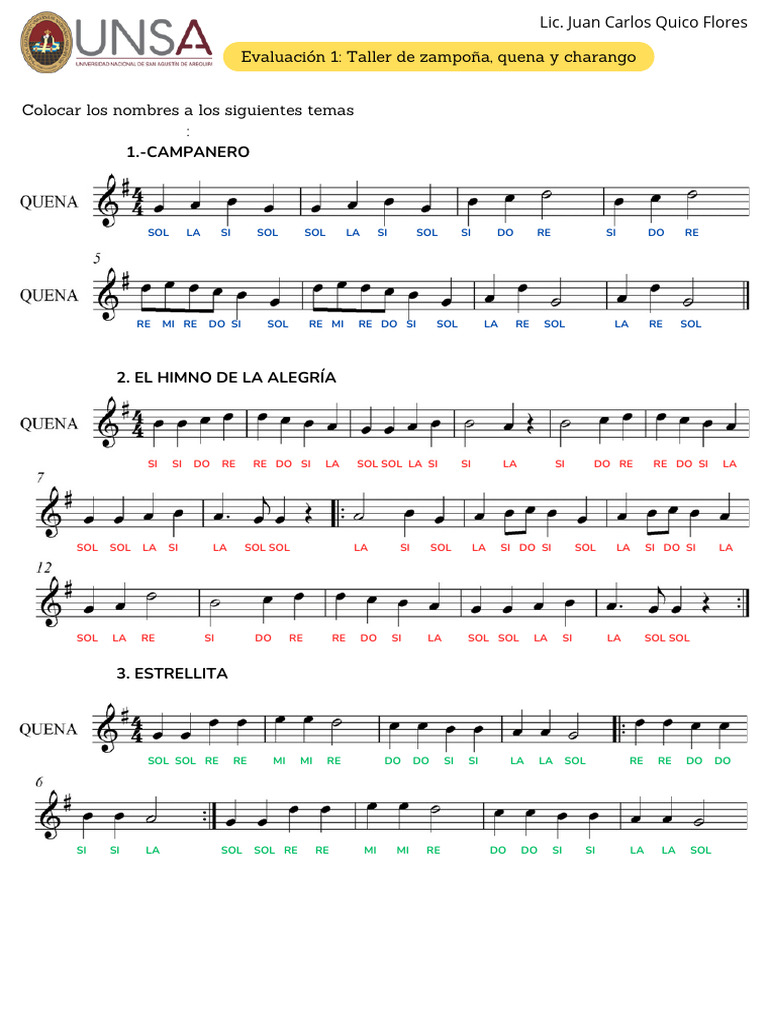 Notas - Taller de Zampoña, Quena y Charango Grupo 1 | PDF