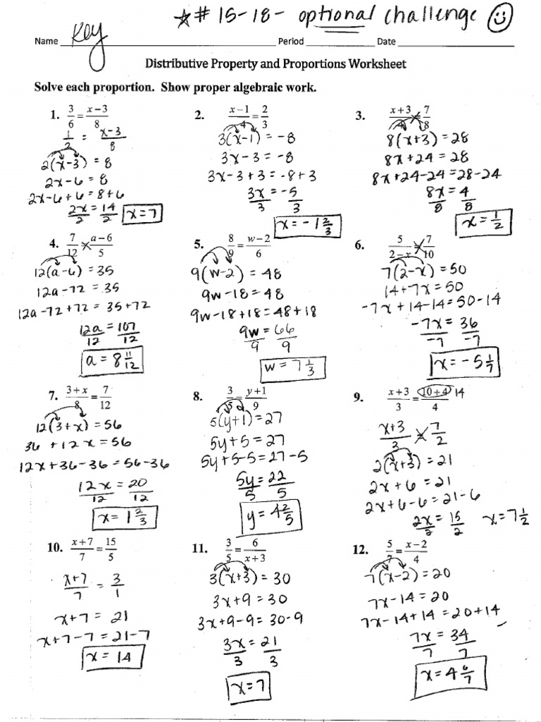 Distributive Property and Proportions Worksheet ANSWERS | PDF