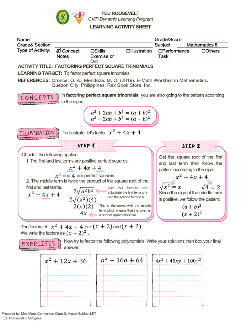 Learning Activity Sheet No. 4 - Factoring Perfect Square Trinomials ...