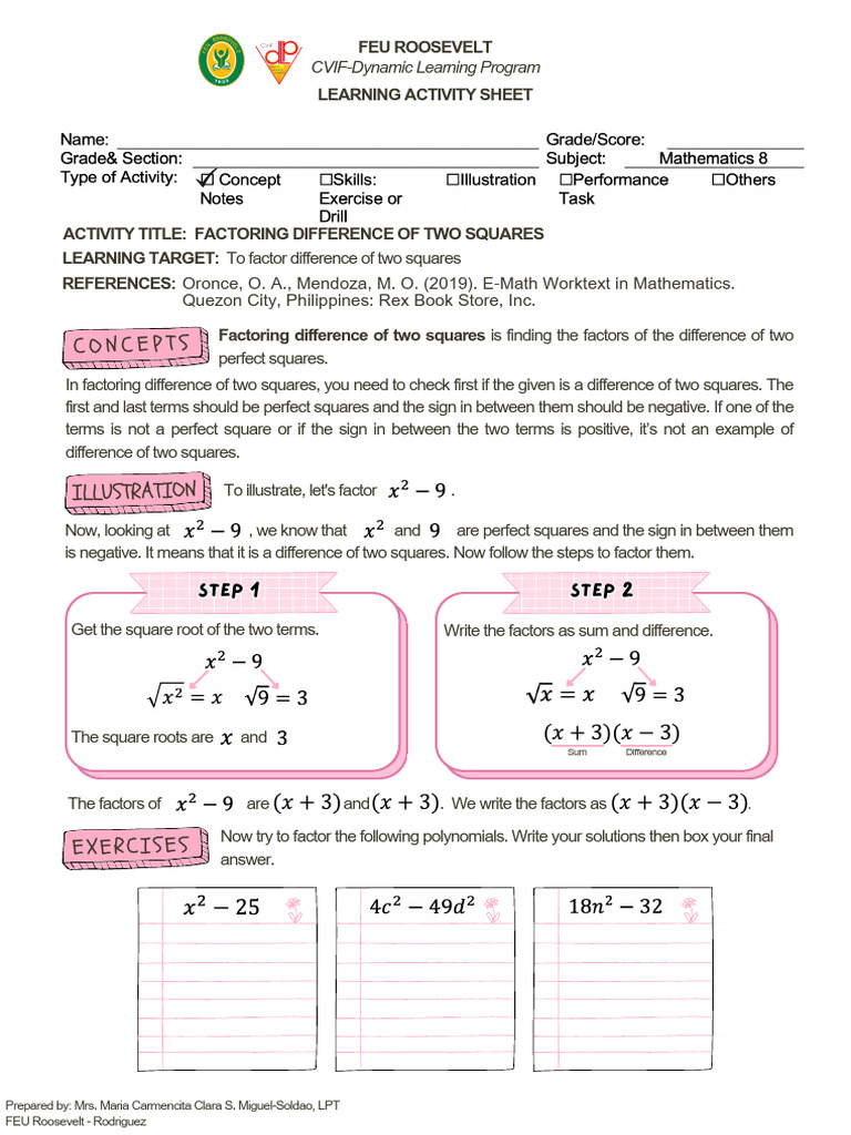 Learning Activity Sheet No. 2 - Factoring Difference of Two Squares | PDF Learning Activity Sheet No. 2 - Factoring Difference of Two Squares | PDF