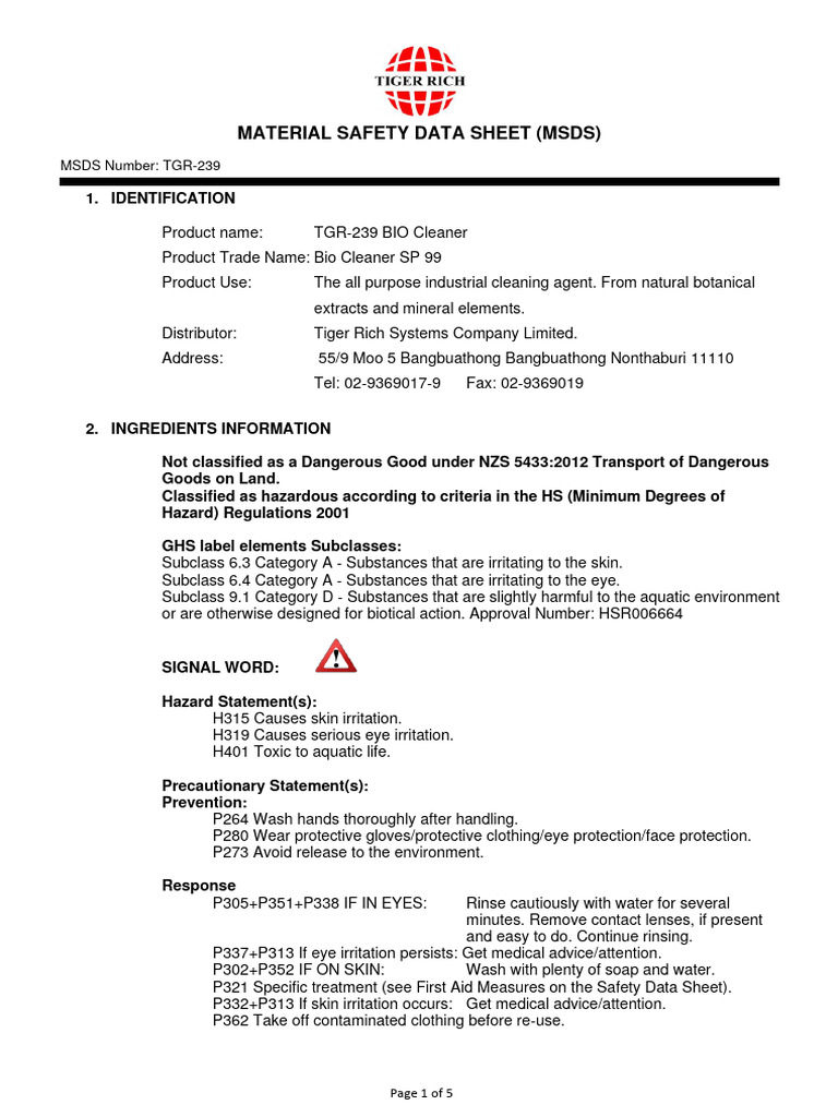 MSDS TGR-239 | PDF | Toxicity | Waste