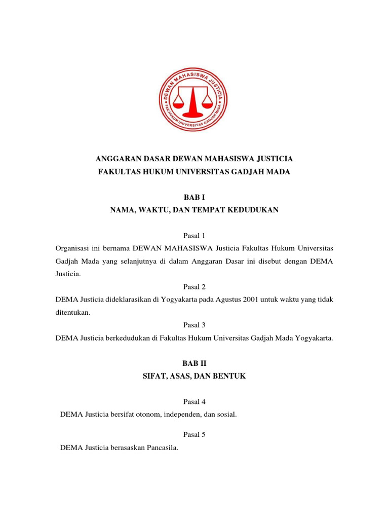 Anggaran Dasar DEMA Justicia UGM | PDF | Pengelolaan Keuangan & Uang ...