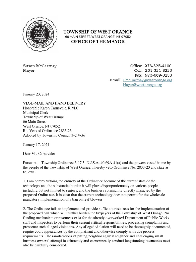 Mayor Letter Leaf Blower Veto 1.23.24 | PDF