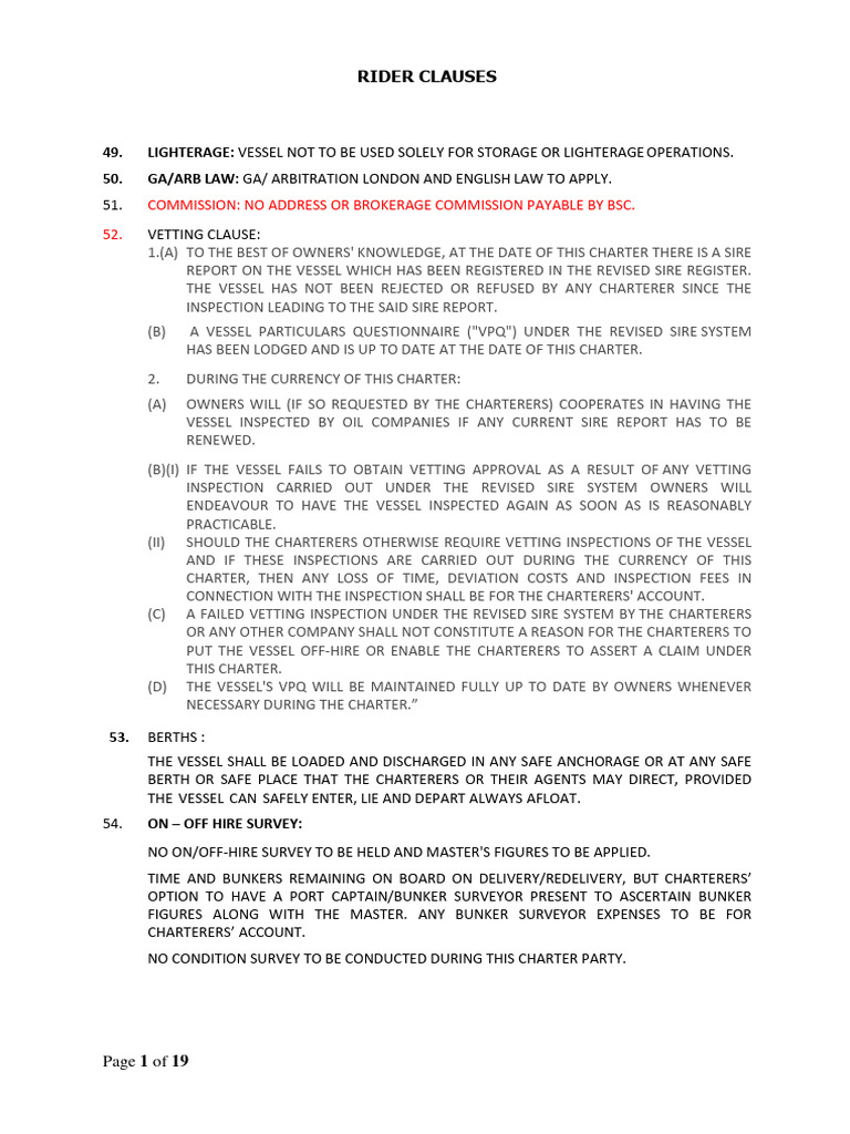 STD - TIME CHARTER Tanker Rider Clause | PDF