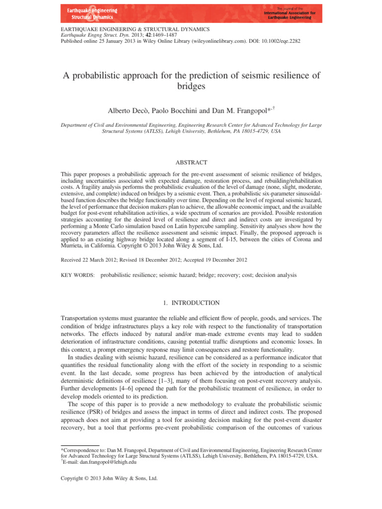 Earthq Engng Struct Dyn - 2013 - Decò - A Probabilistic Approach For The Prediction of Seismic ...